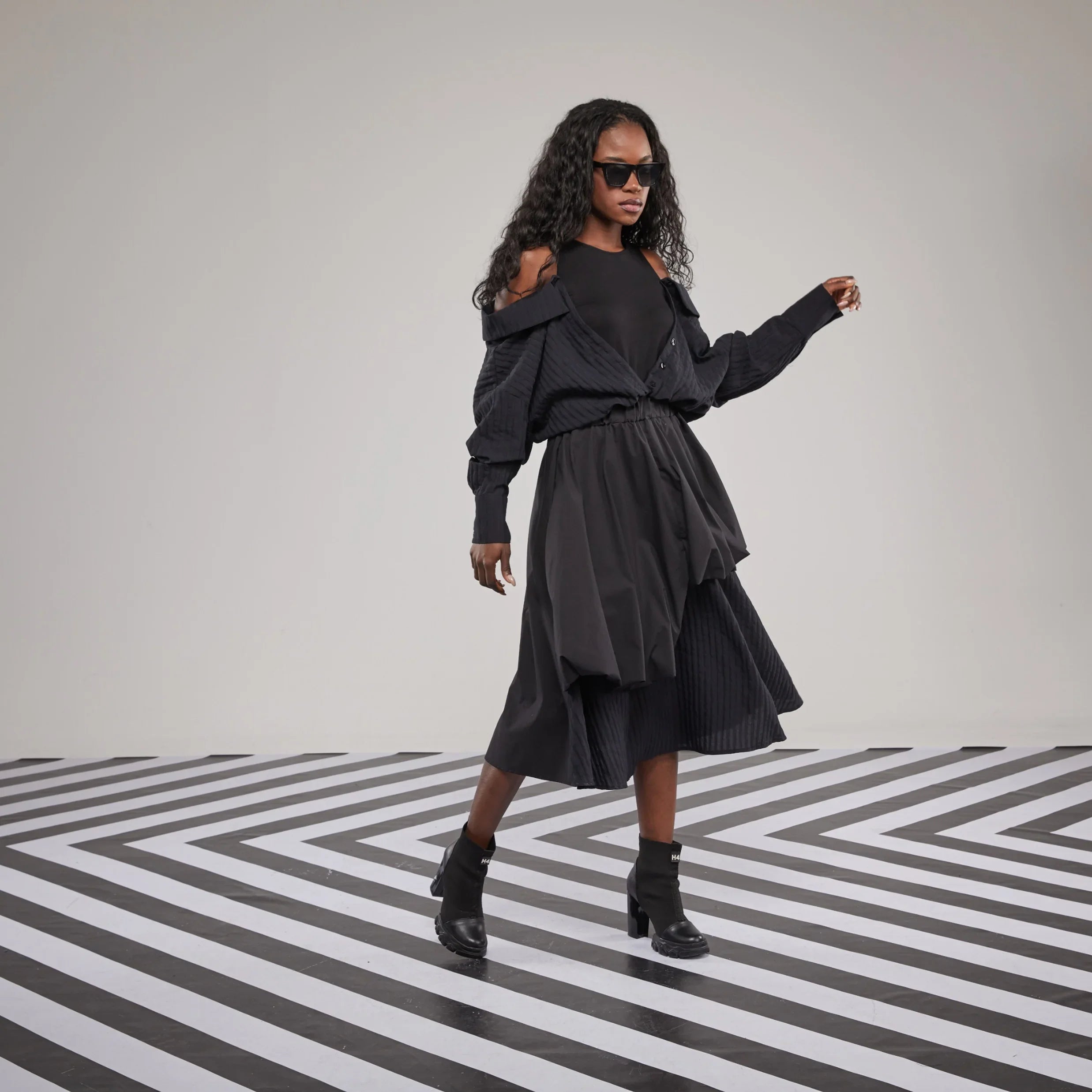 H4 London Black Deconstructed Layered Midi Dress | Women's Luxury UK